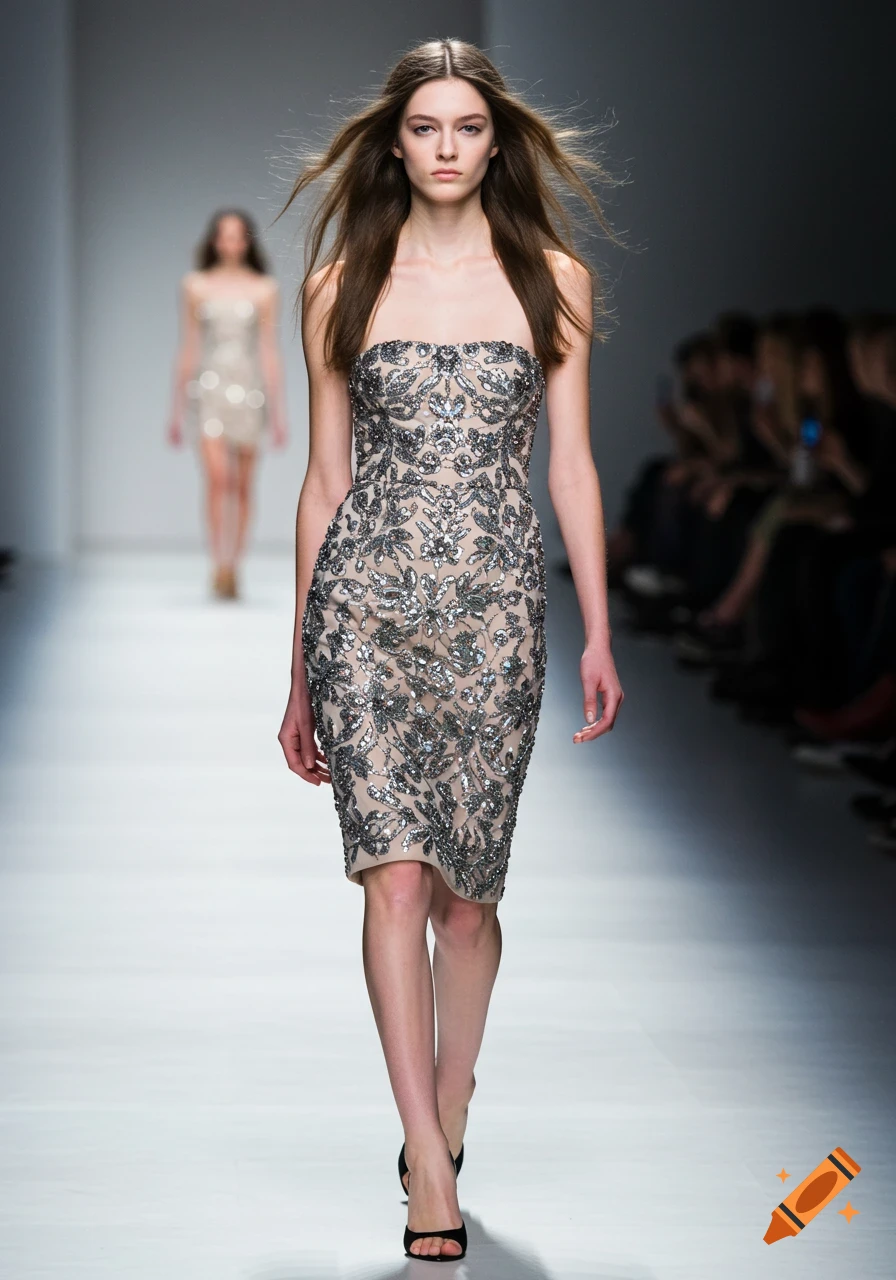 A slim female model in an embellished silver and beige strapless dress walks down a fashion ...