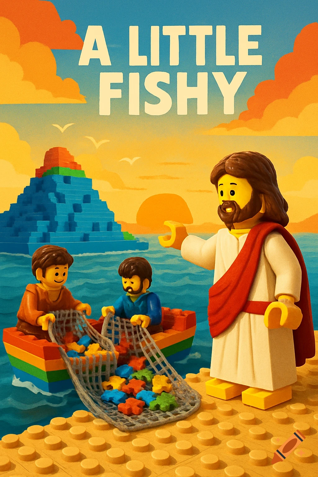 Lego poster of Jesus on a beach gesturing to two fishermen in a boat with a net full of colorful ...