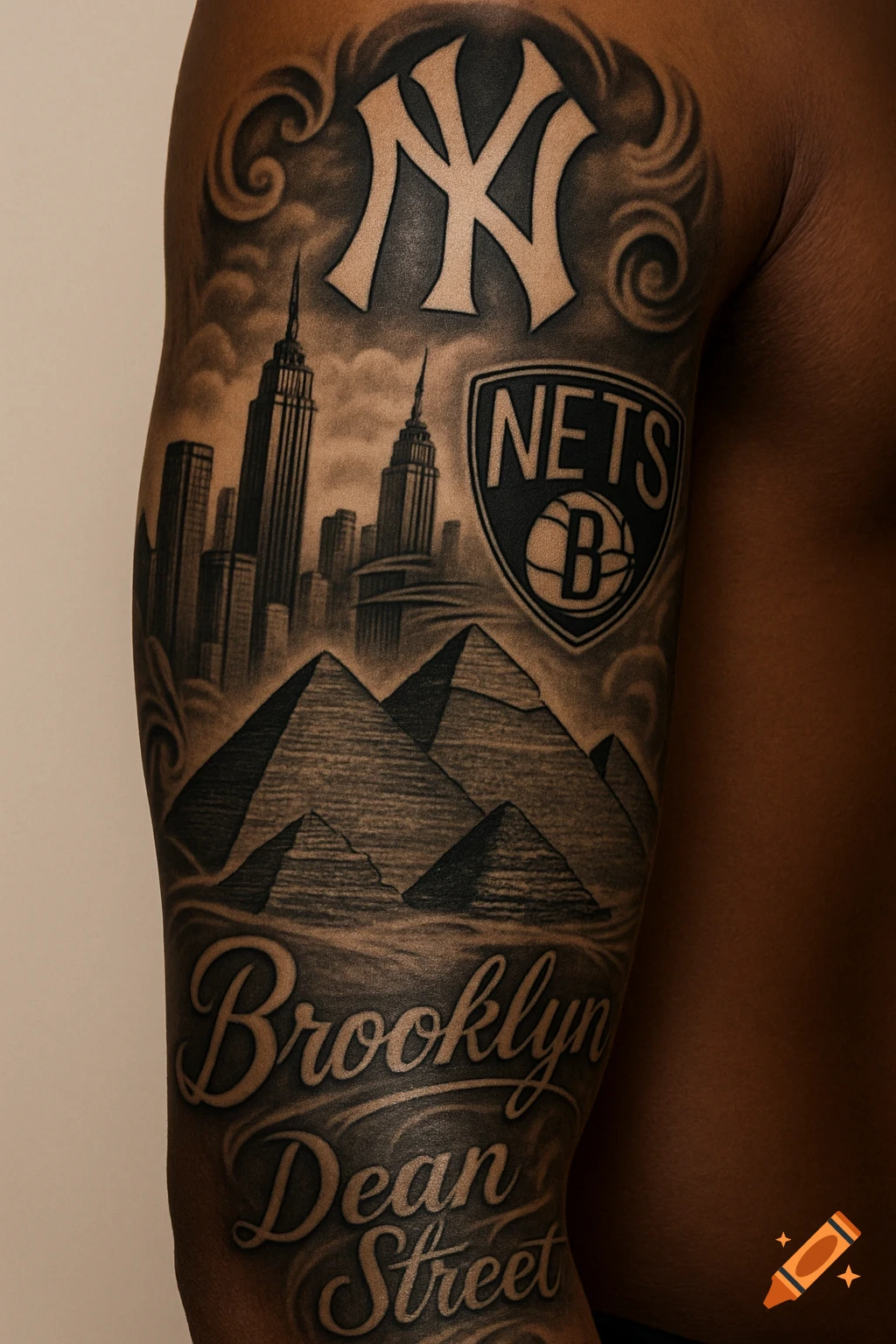A detailed grey and black tattoo sleeve on dark skin featuring New York ...