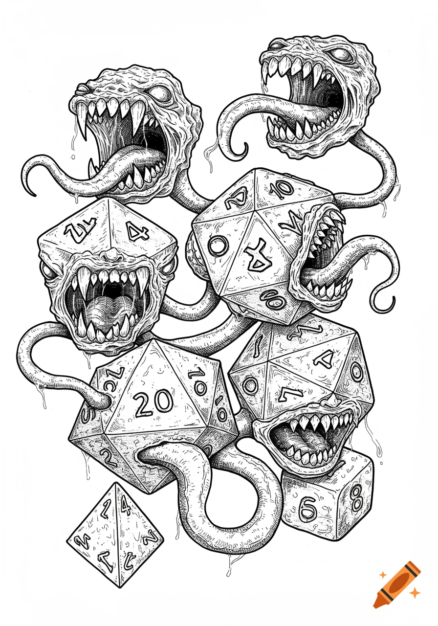 Black and white linework illustration of Dungeons and Dragons dice ...