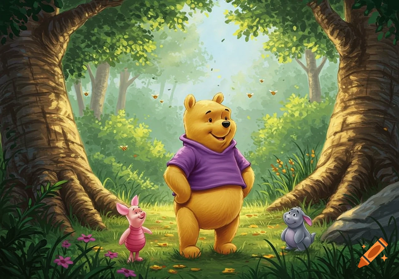 The Cat in the Hat and Winnie the Pooh stand smiling in a sunny, green ...