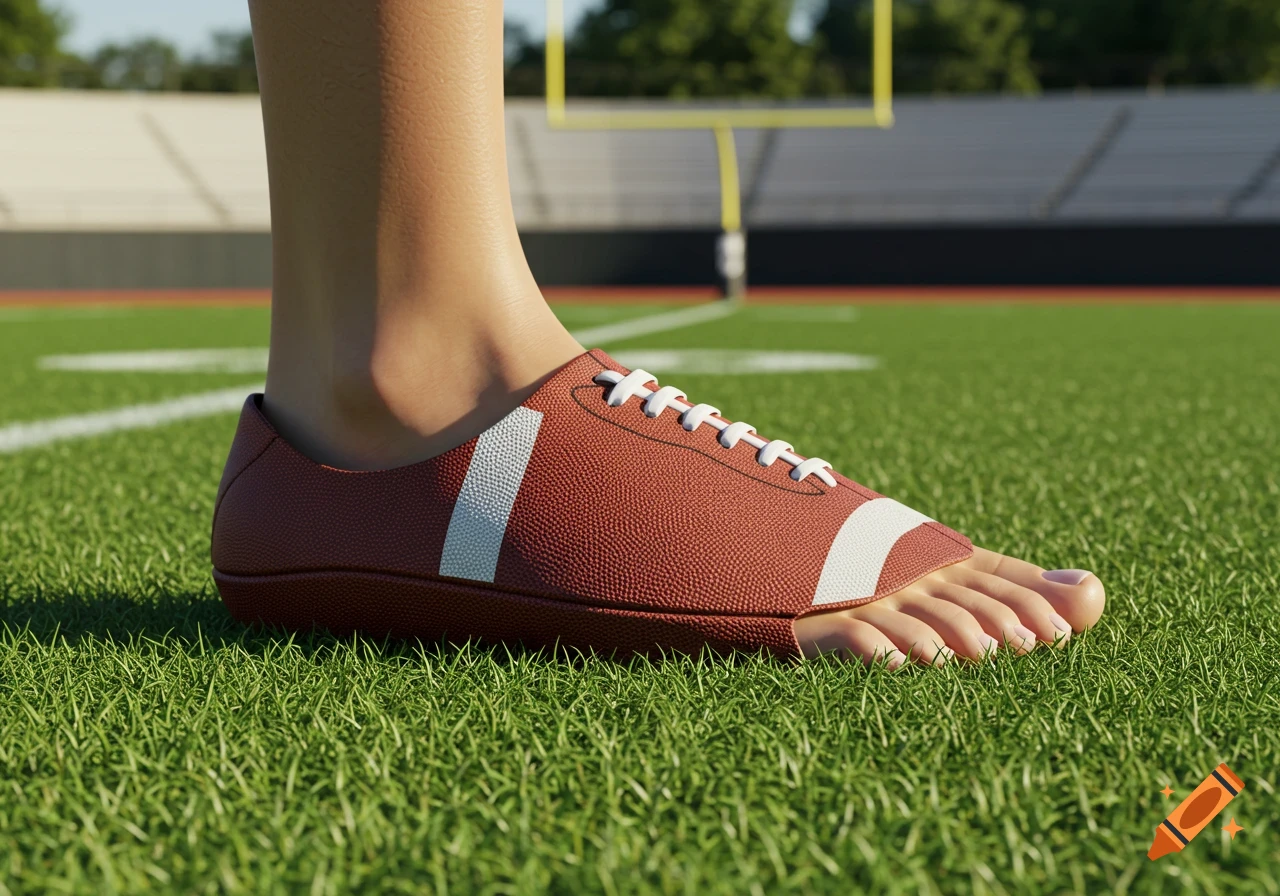A bare foot wearing a football-shaped shoe stands on a grassy football ...
