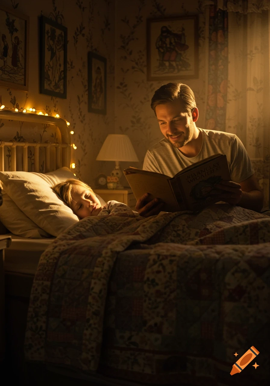 A father reads a book to his sleeping child in a warmly lit bedroom ...