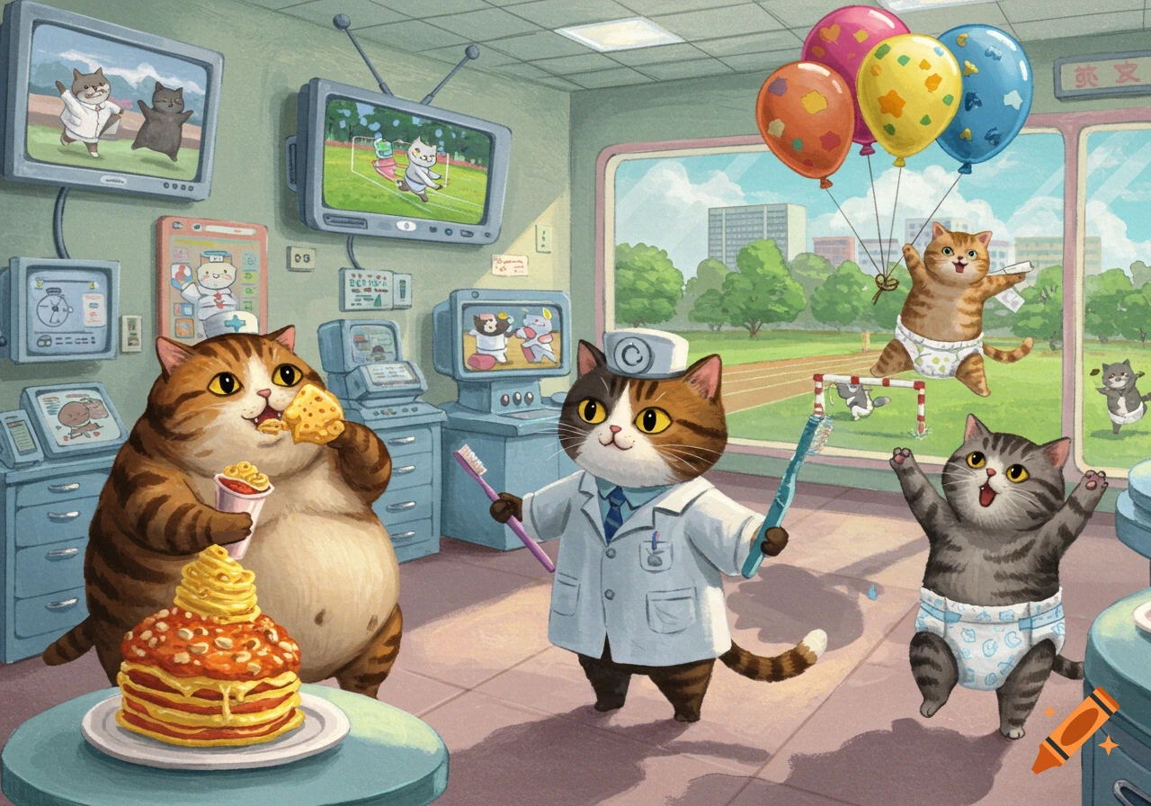 A colorful cartoon shows a cat dentist with toothbrushes, a large cat ...