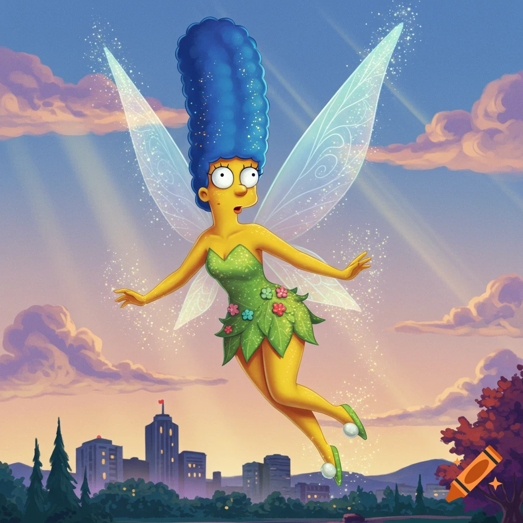 Marge Simpson as Tinker Bell flying over a city skyline at sunset with ...