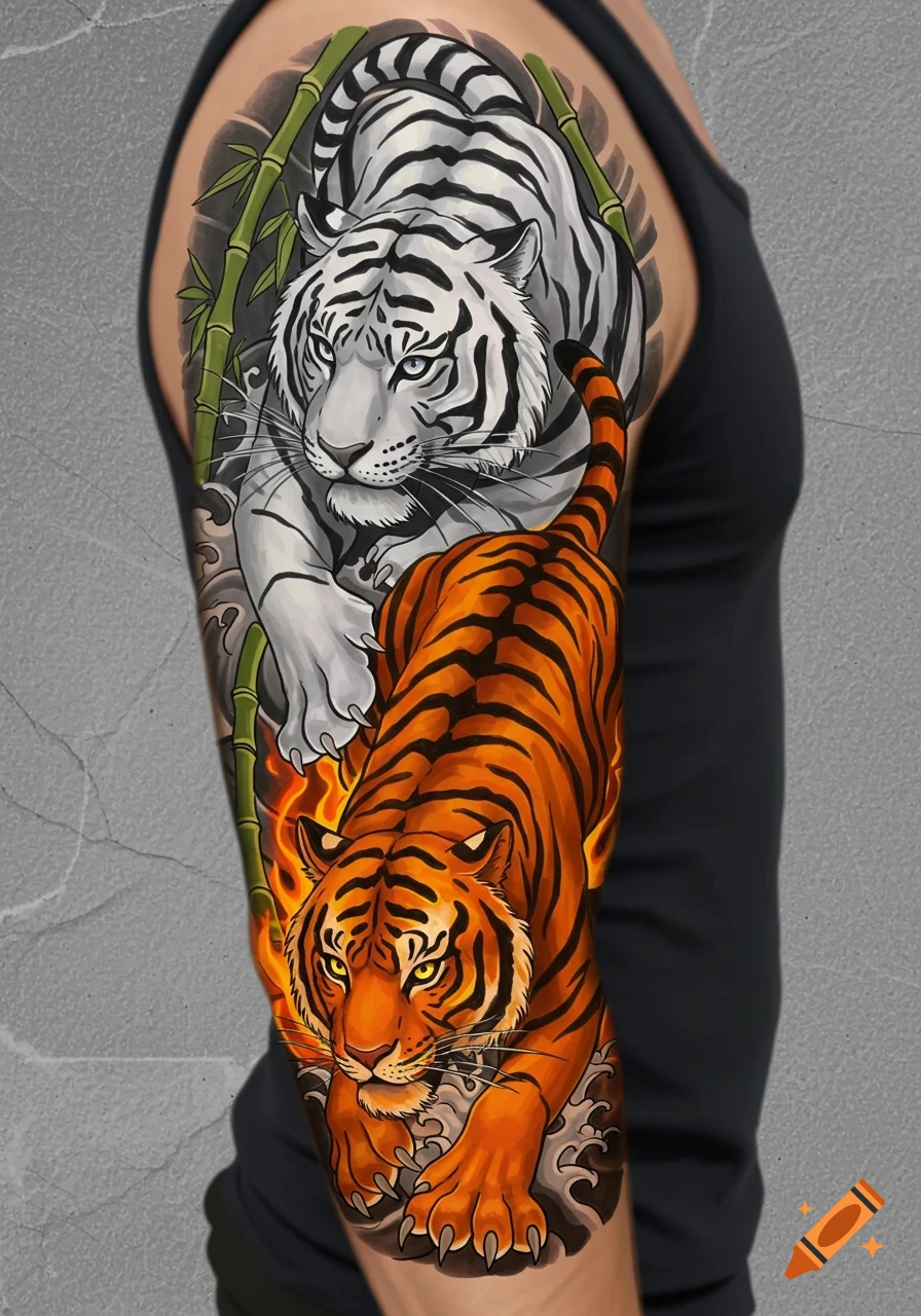 A colorful half-sleeve tattoo on an arm, depicting a white tiger and an ...