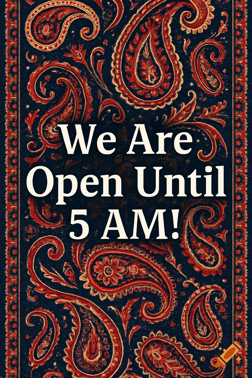 A red and blue paisley pattern with the text 'We Are Open Until 5 AM ...