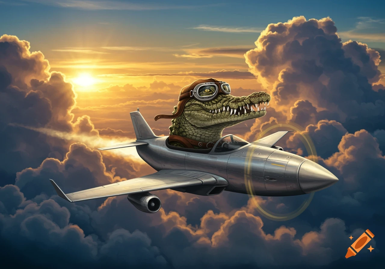 An illustrated crocodile wearing pilot goggles flies a silver plane ...