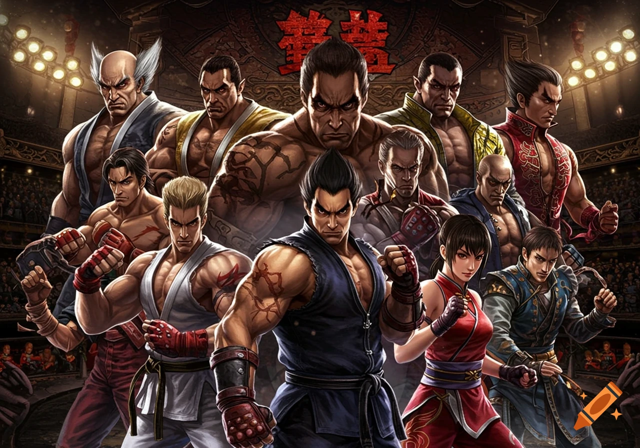 A large group of muscular male and one female fighting game characters ...