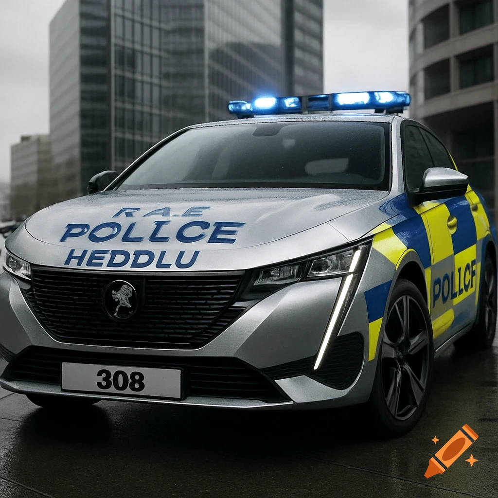 A photorealistic image of a silver Peugeot 308 police car with blue and ...