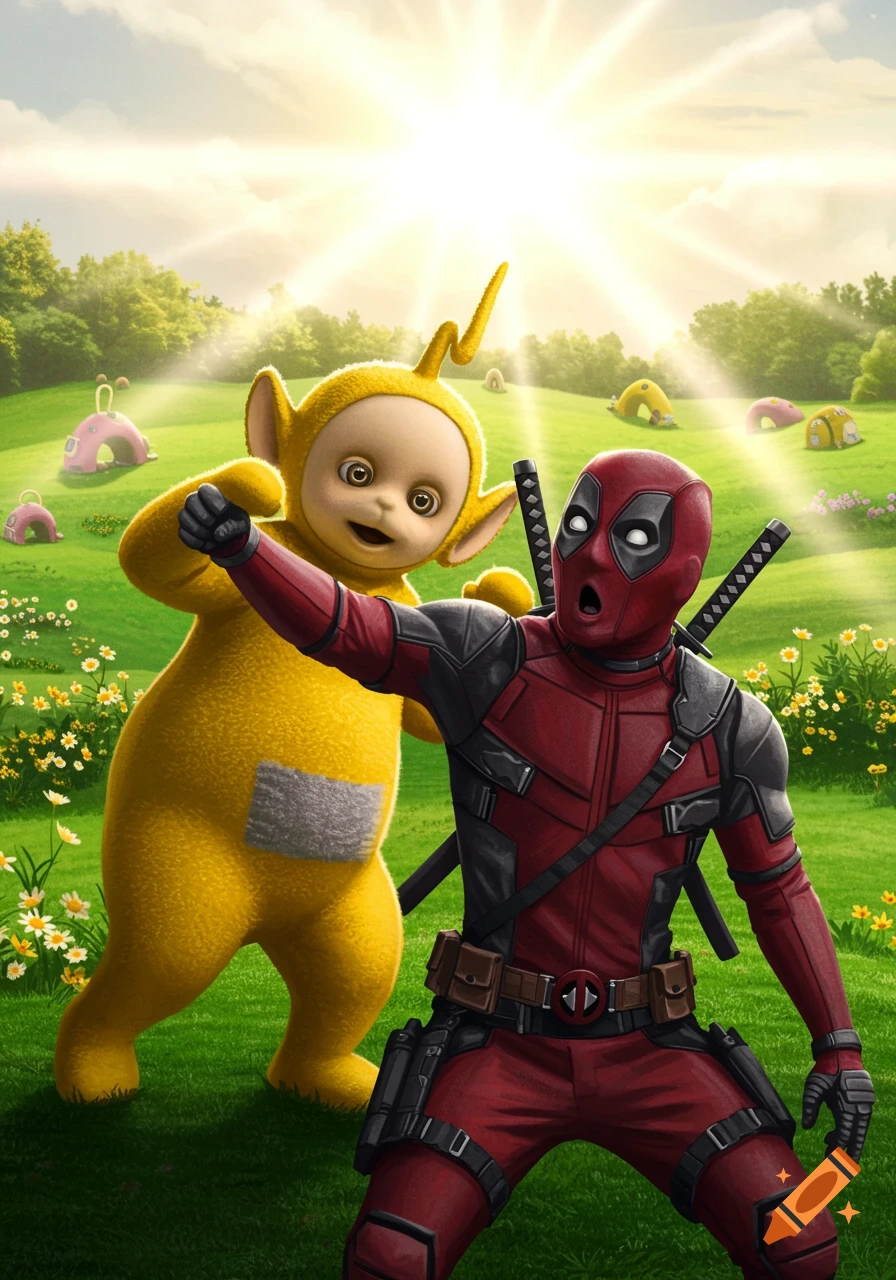 A red Teletubby with a golden hammer and sickle emblem stands in front ...