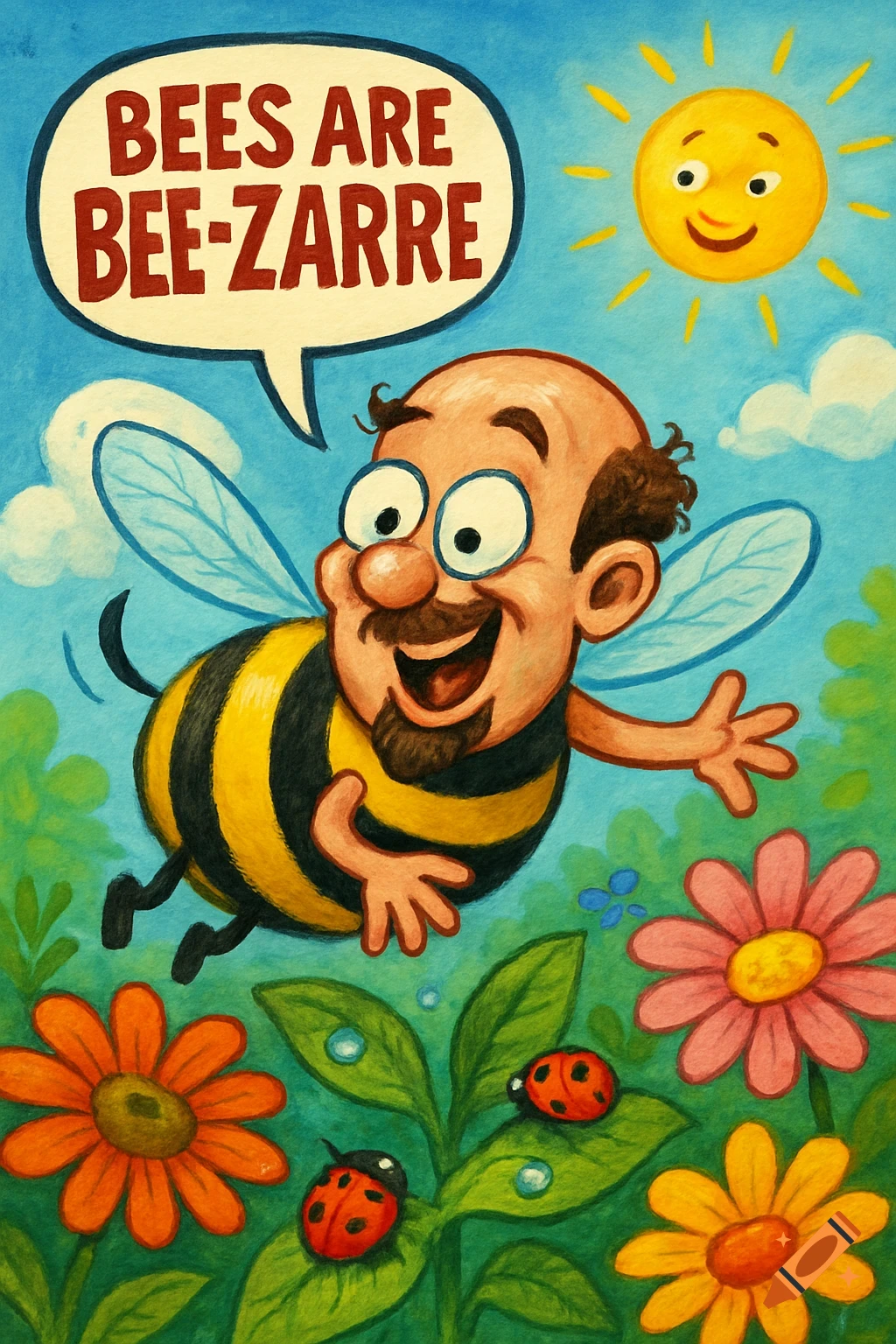 Cartoon bee-man with a goatee flies in a garden with flowers and ...