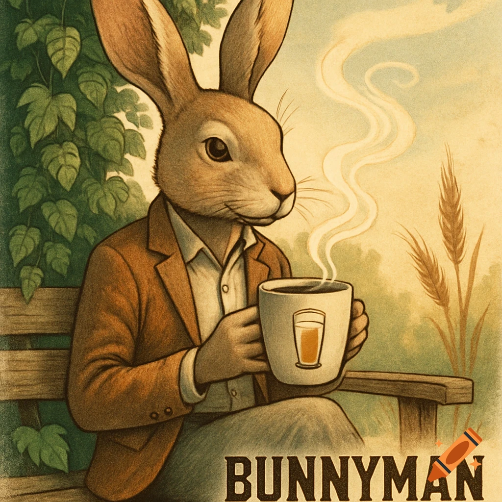 Anthropomorphic rabbit in a brown suit sits on a bench, holding a ...