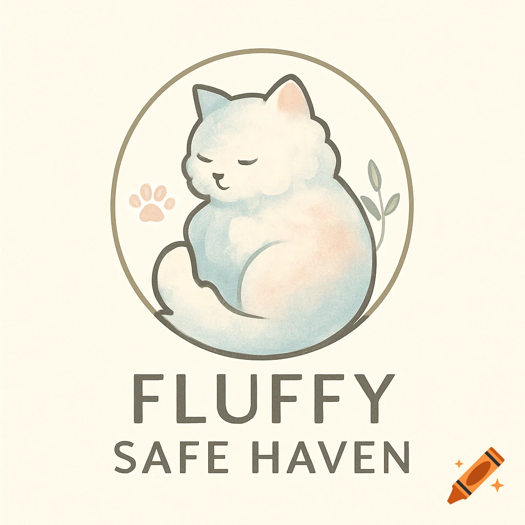 A cute, stylized white and blue fluffy cat logo with a paw print and ...