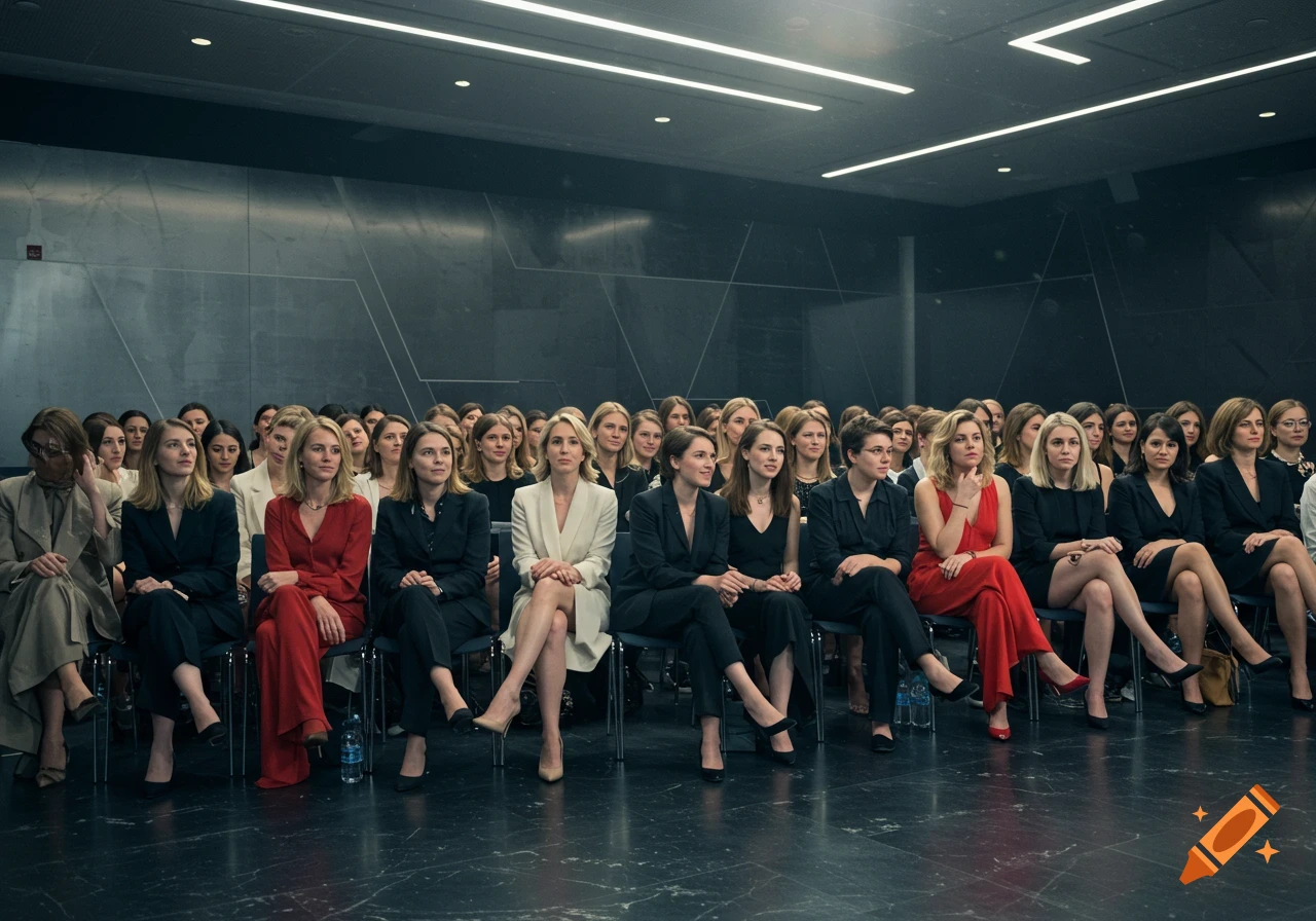 A wide-angle photo of an all-female audience seated in a dark ...