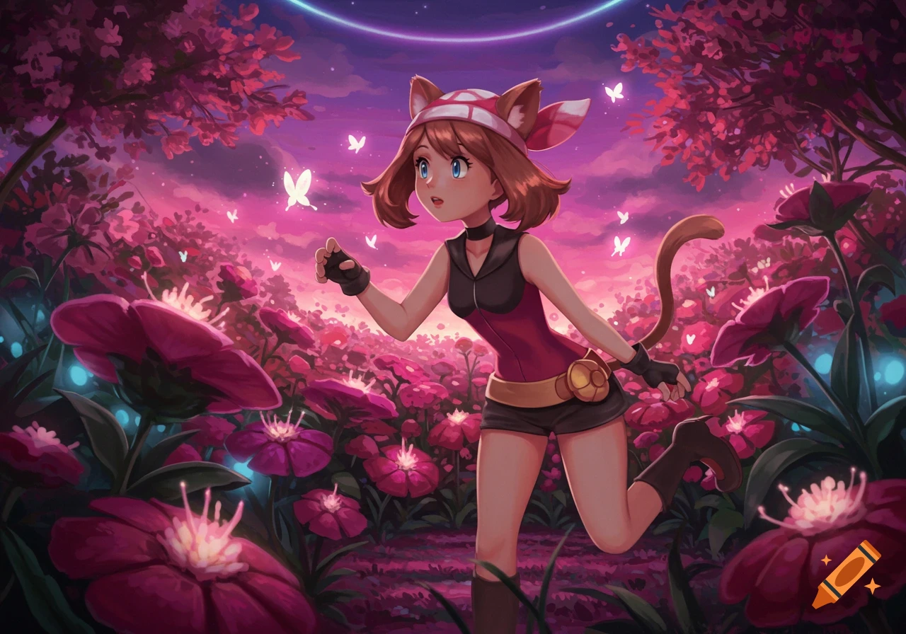 Anime illustration of Pokémon trainer Serena joyfully running through a ...