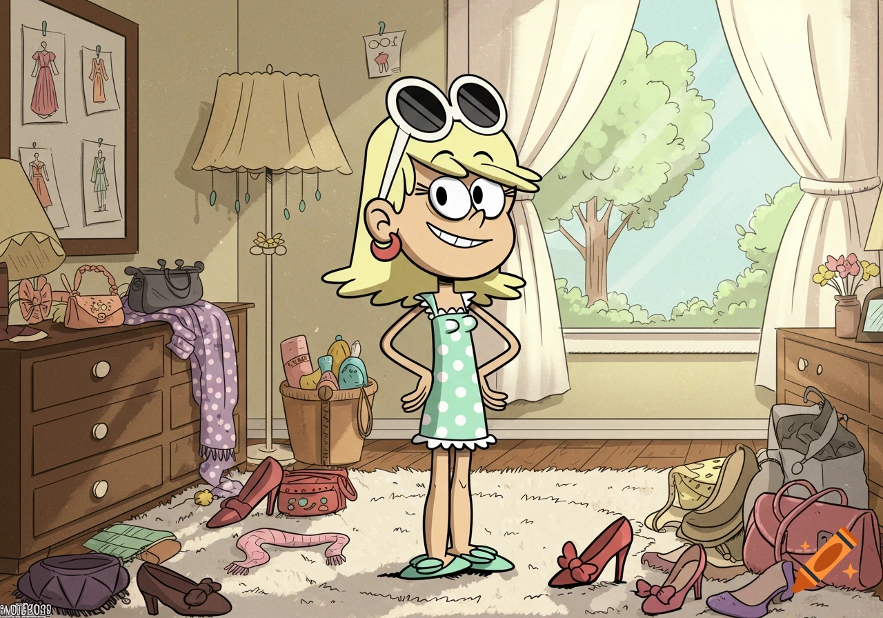 Leni Loud from The Loud House stands in her cluttered bedroom, wearing a polka dot dress and ...