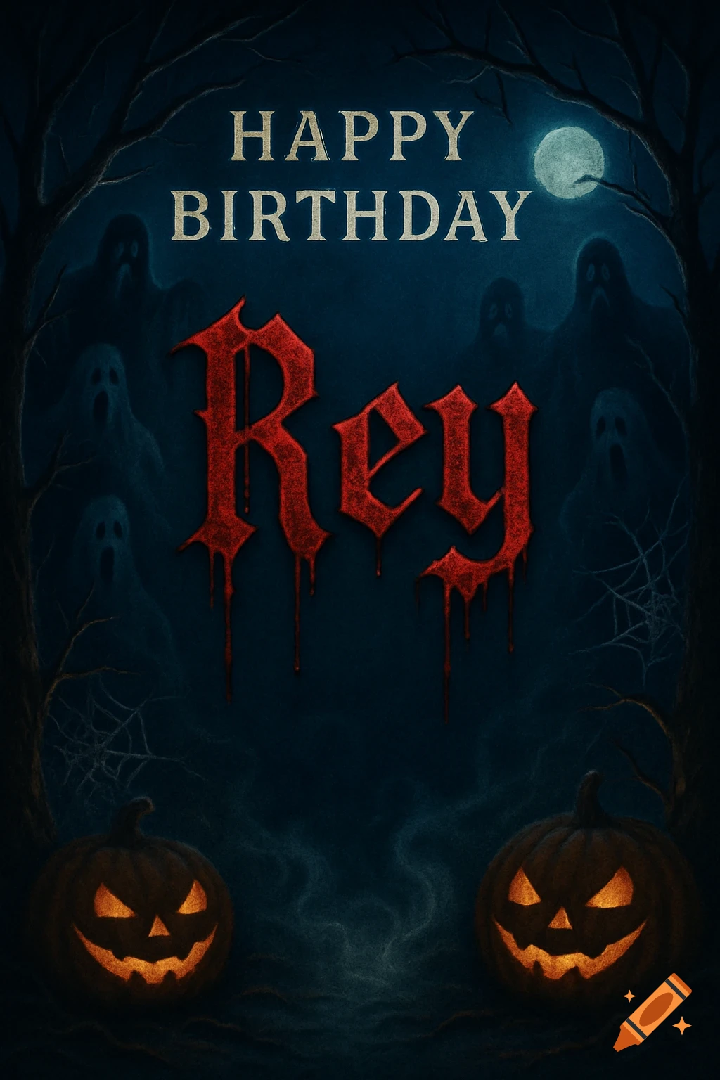 A dark, horror-themed birthday card with 'HAPPY BIRTHDAY Rey' text ...