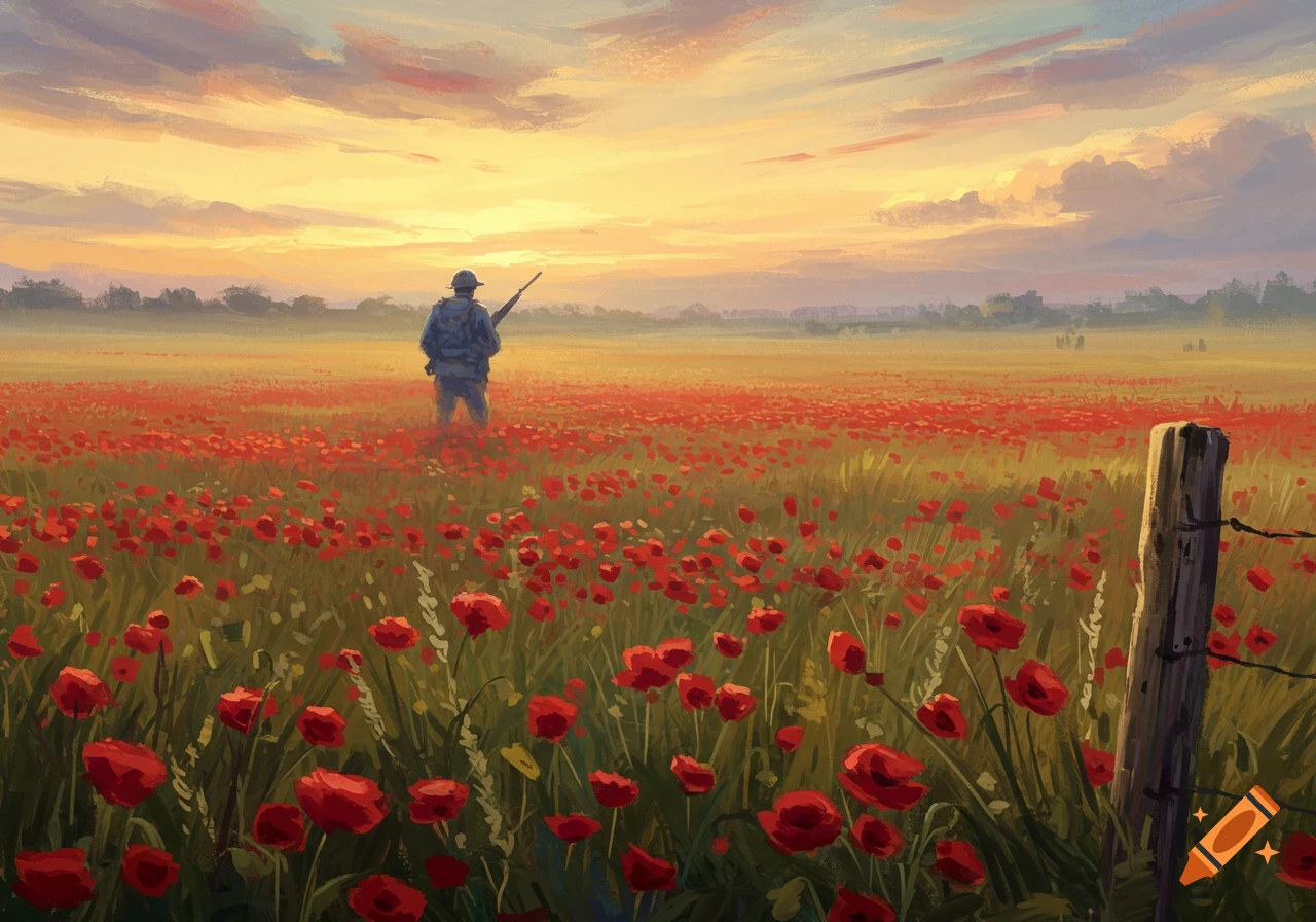 Impressionistic painting of a soldier standing in a vast red poppy ...