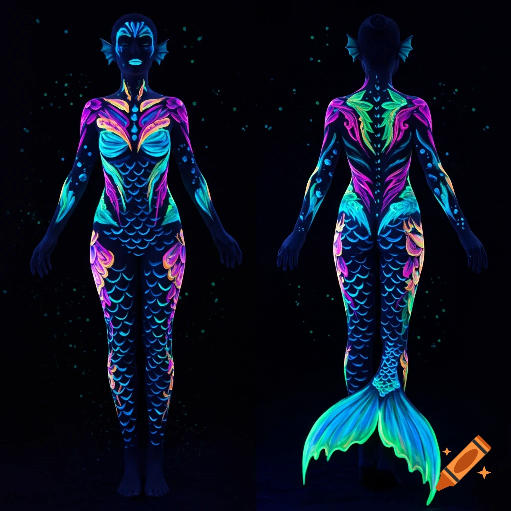 Front and back view of a person with glowing fluorescent body paint ...