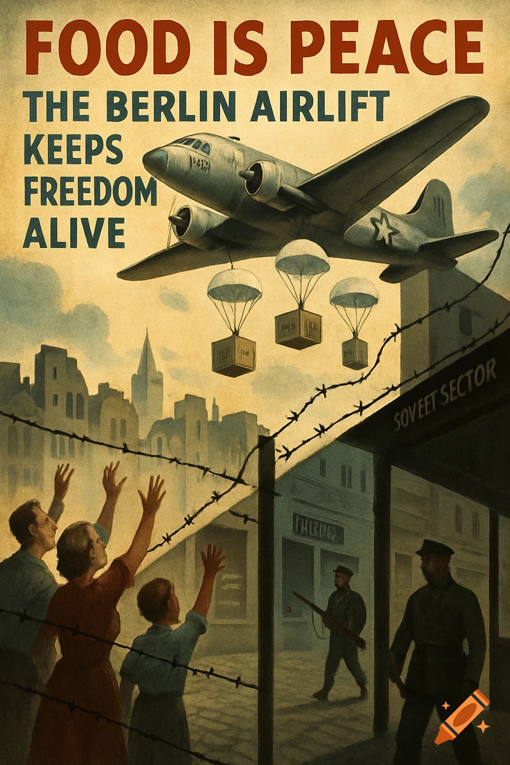 A WWI German propaganda poster with joyful soldiers marching under an ...