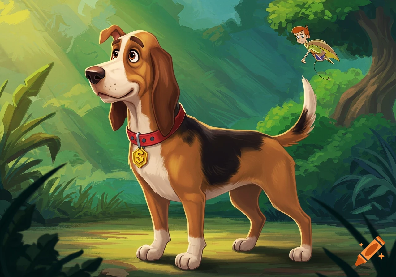 A cartoon close-up of a brown dachshund dog looking up with wide ...