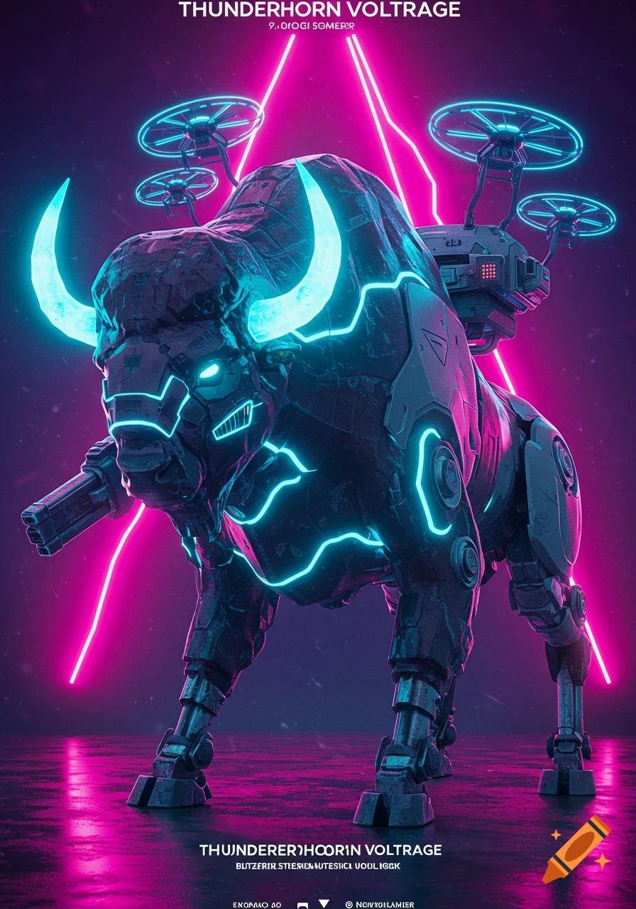 A cybernetic bison-like creature with glowing neon blue lines and horns ...