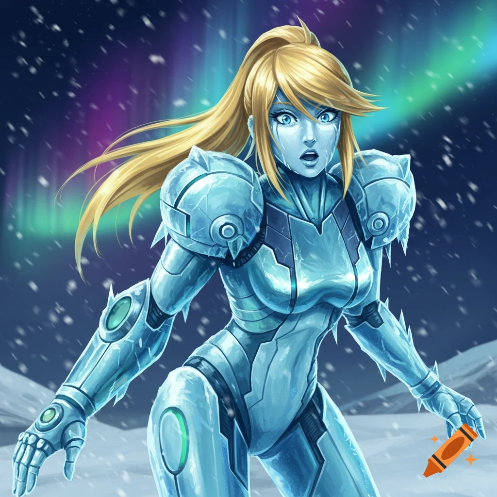 Digital illustration of Zero Suit Samus frozen in ice with a surprised ...
