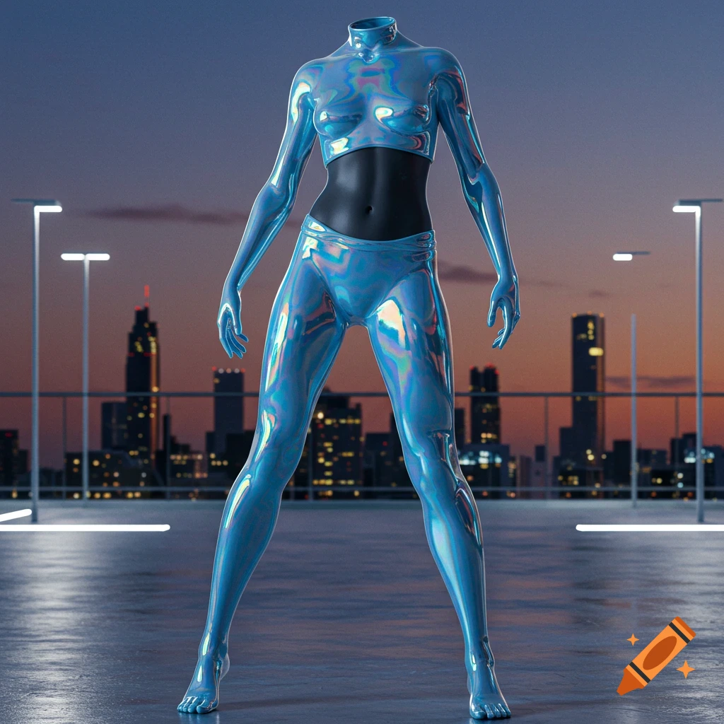 A metallic sculpture of two split human figures fused, with a glowing ...