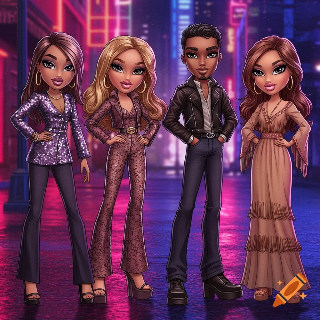 Two stylized doll-like characters, one blonde in a Bratz shirt and ...