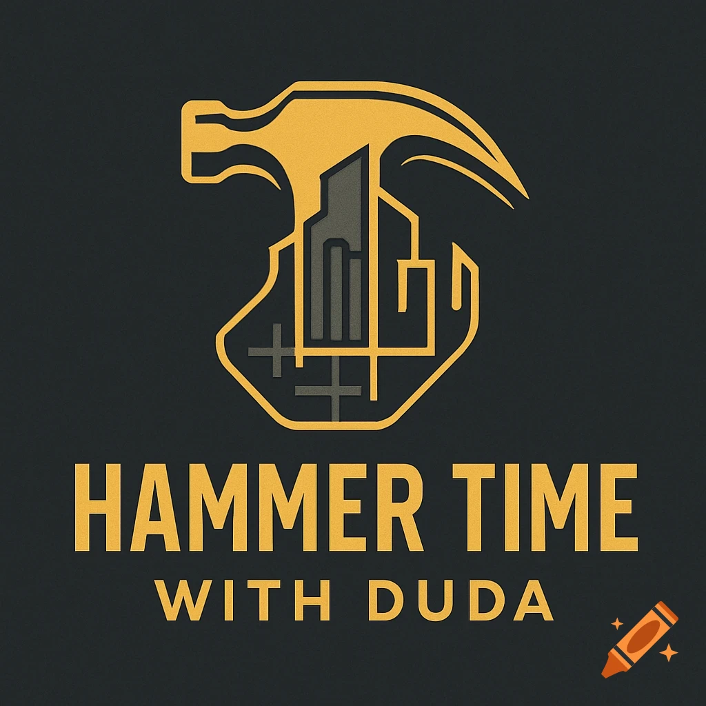 Logo for 'Hammer Time with Duda' featuring a golden hammer with abstract buildings on a dark ...