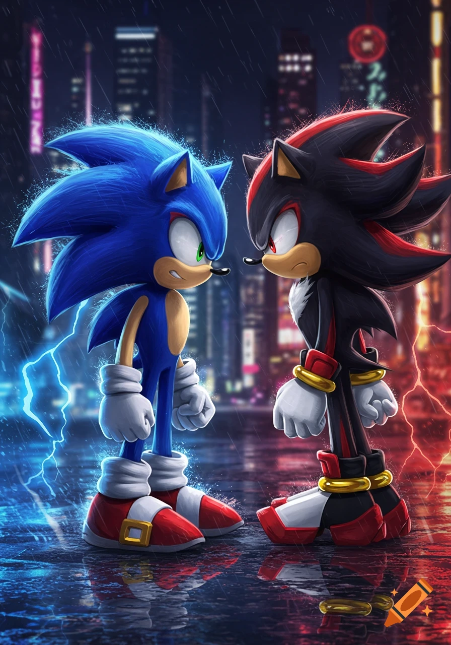 Sonic the Hedgehog and Metal Sonic face off in a neon-lit cyberpunk ...
