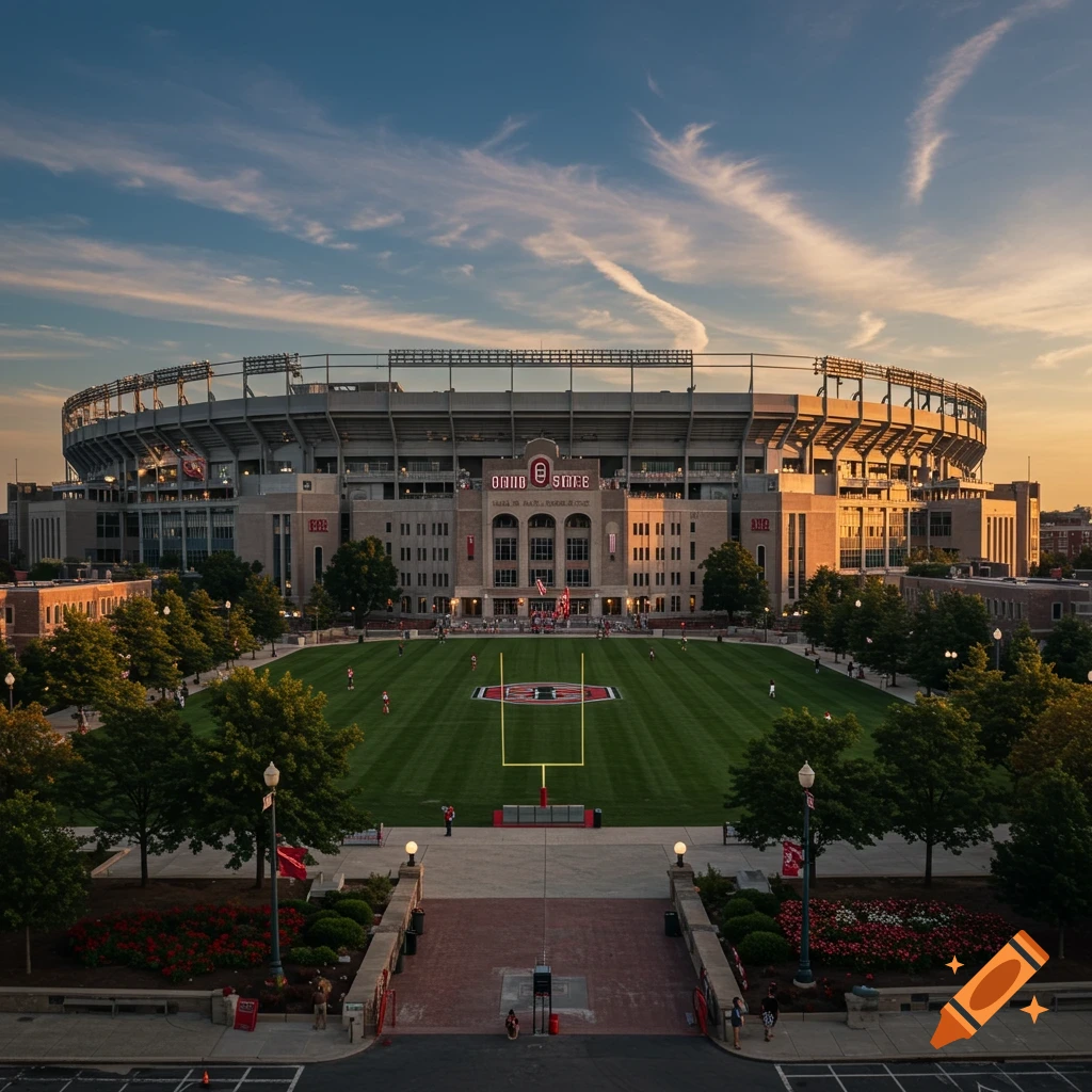 Ohio State University football stadium at sunset with a green field and ...
