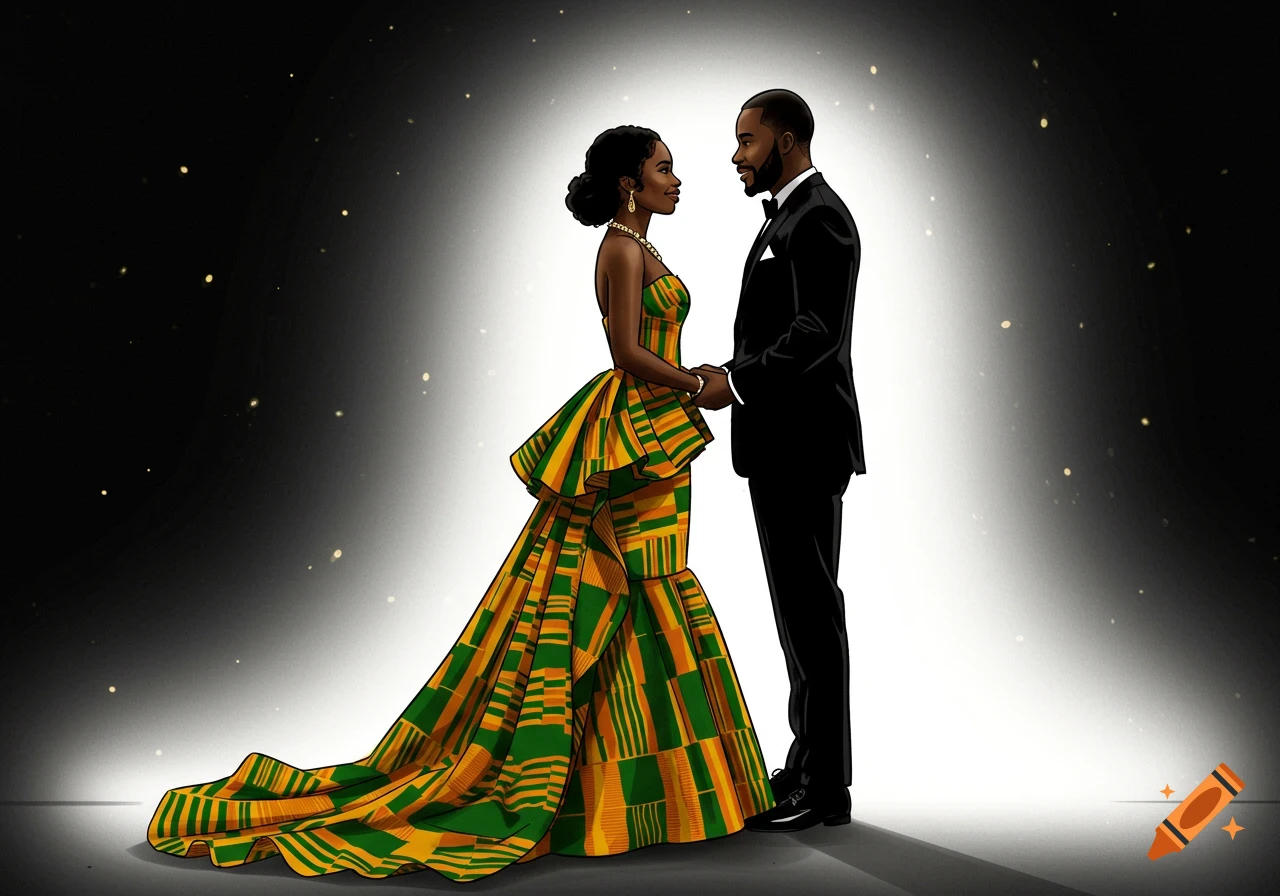 Illustration of a Black couple holding hands, the woman in a vibrant green, gold, and orange ...