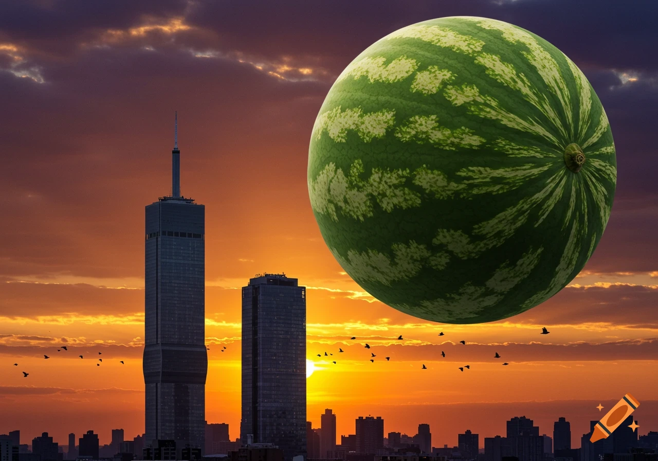 A giant watermelon floats in the sky above a city skyline with ...
