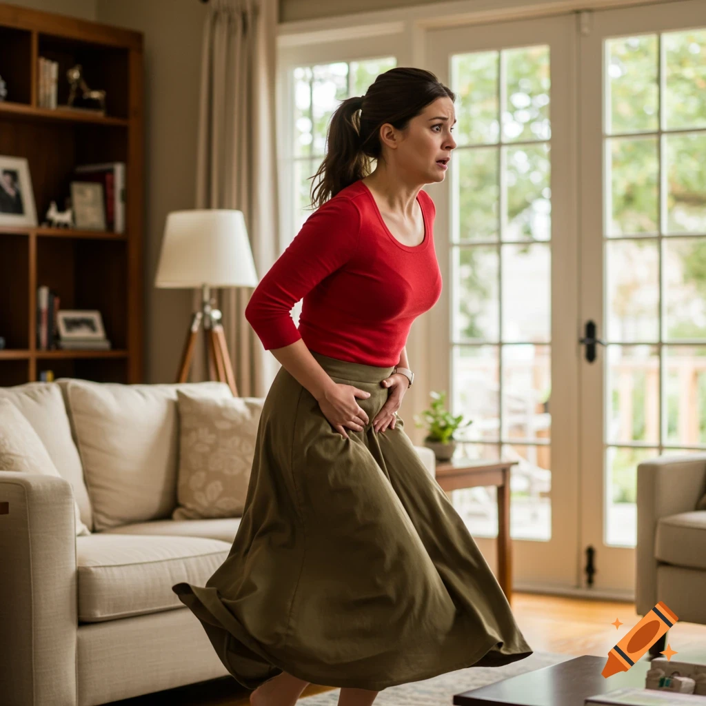 A woman with a panicked expression holds her crotch while running through a house, appearing to ...