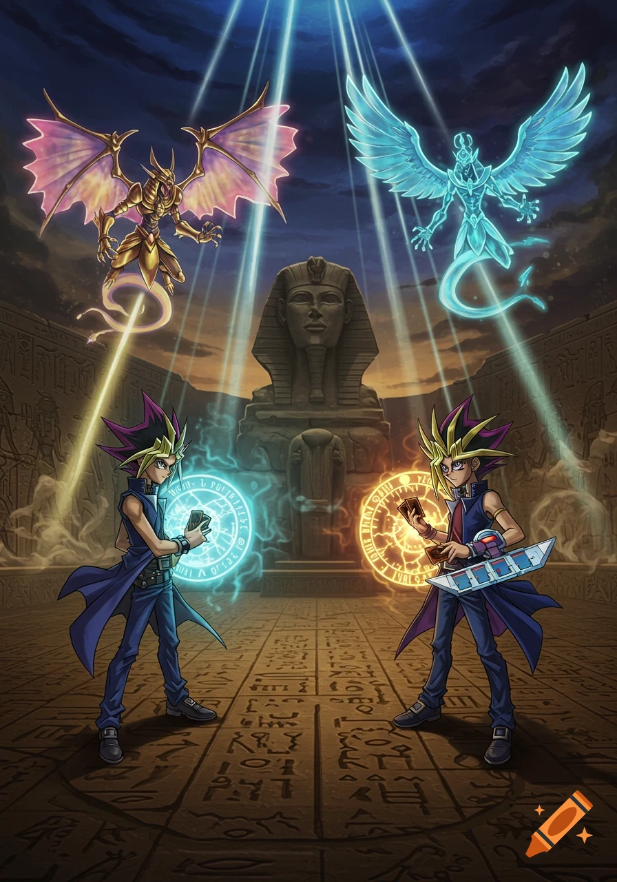 Two anime duelists, resembling Yugi from Yu-Gi-Oh, face off in an ...