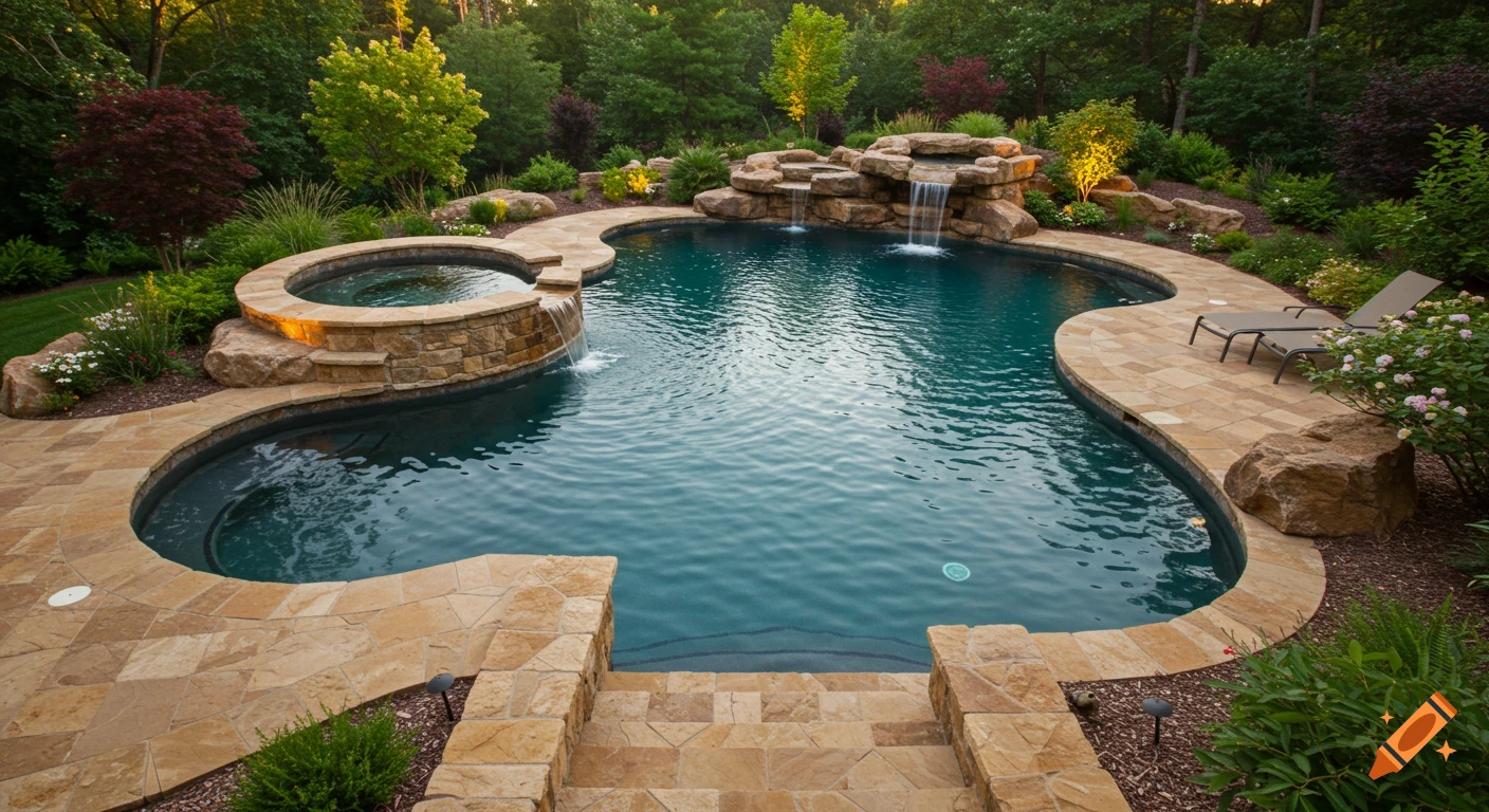 A beautiful outdoor swimming pool and hot tub with rock waterfalls ...