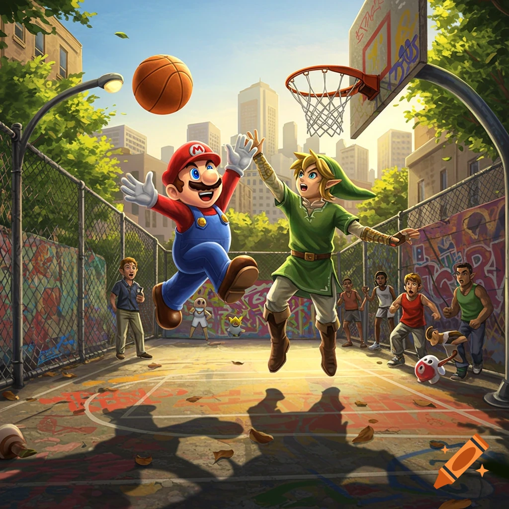 Mario and Link leap for a basketball shot on an outdoor court with city ...