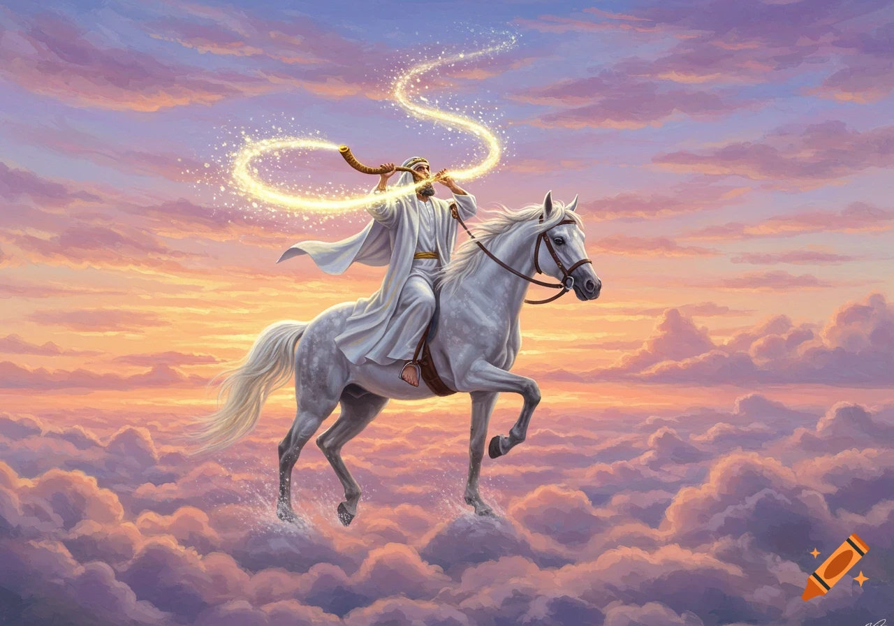 A robed man on a white horse blows a shofar, creating sparkling light ...