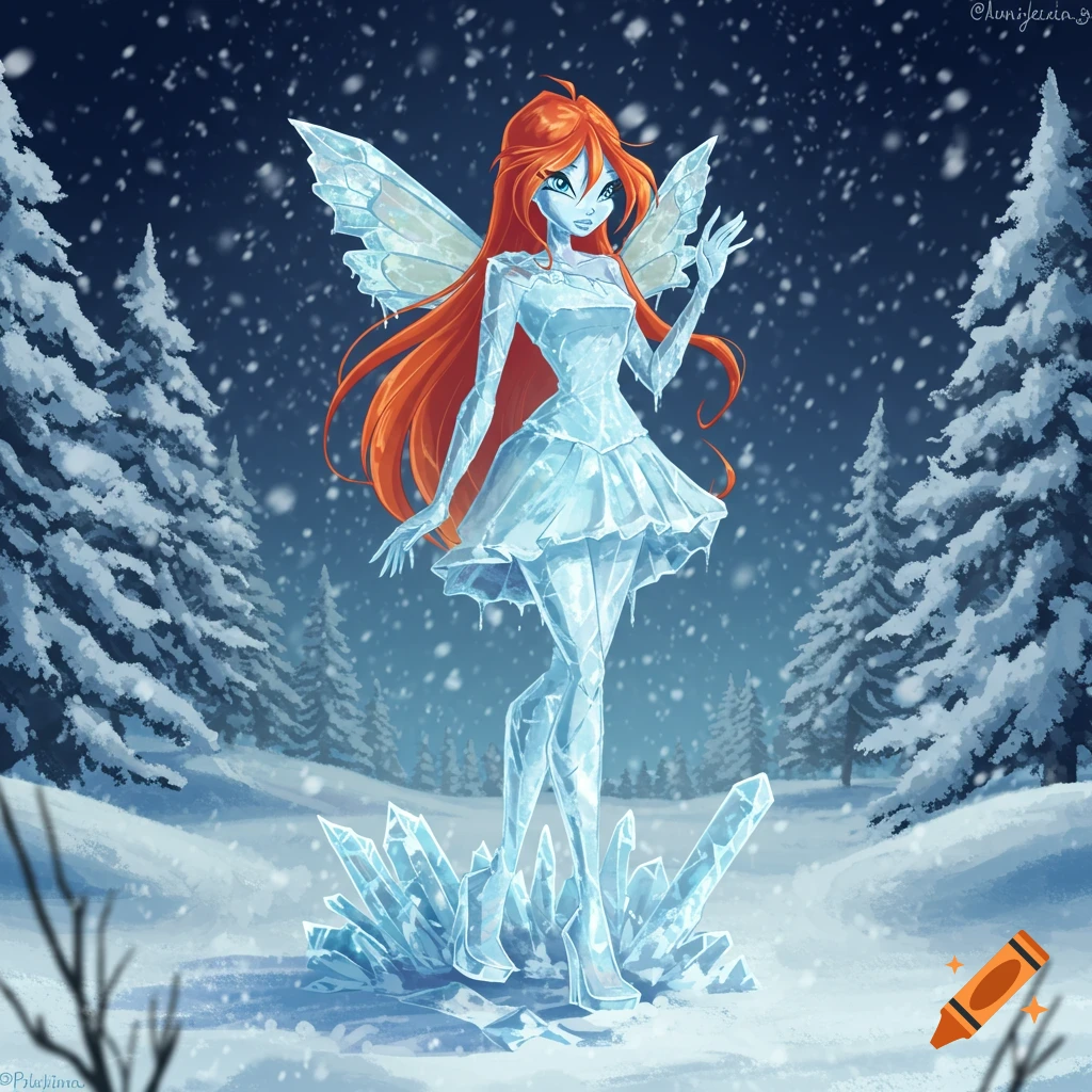 A vibrant, animated character with long orange hair and a sparkly blue ...