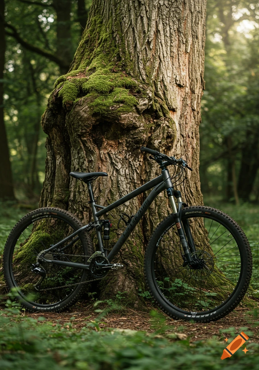 A dark grey mountain bike leans against a moss-covered tree in a forest ...