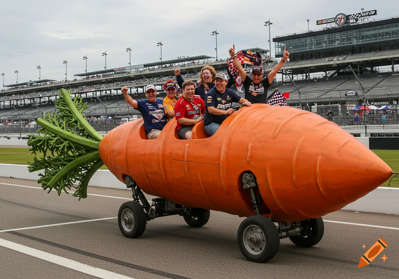 Six cheerful people ride a large, orange carrot-shaped car with green ...