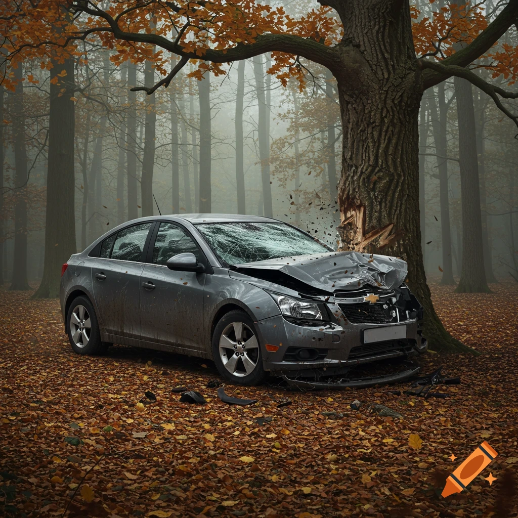 A gray sedan heavily damaged after crashing into a large tree in a ...