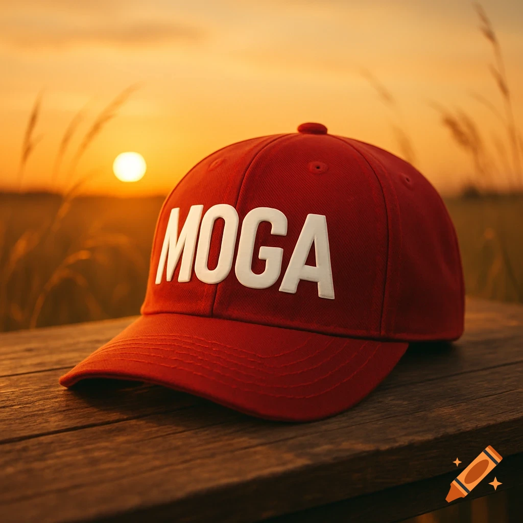 Red baseball cap with 'MOGA' in white letters on a wooden table ...