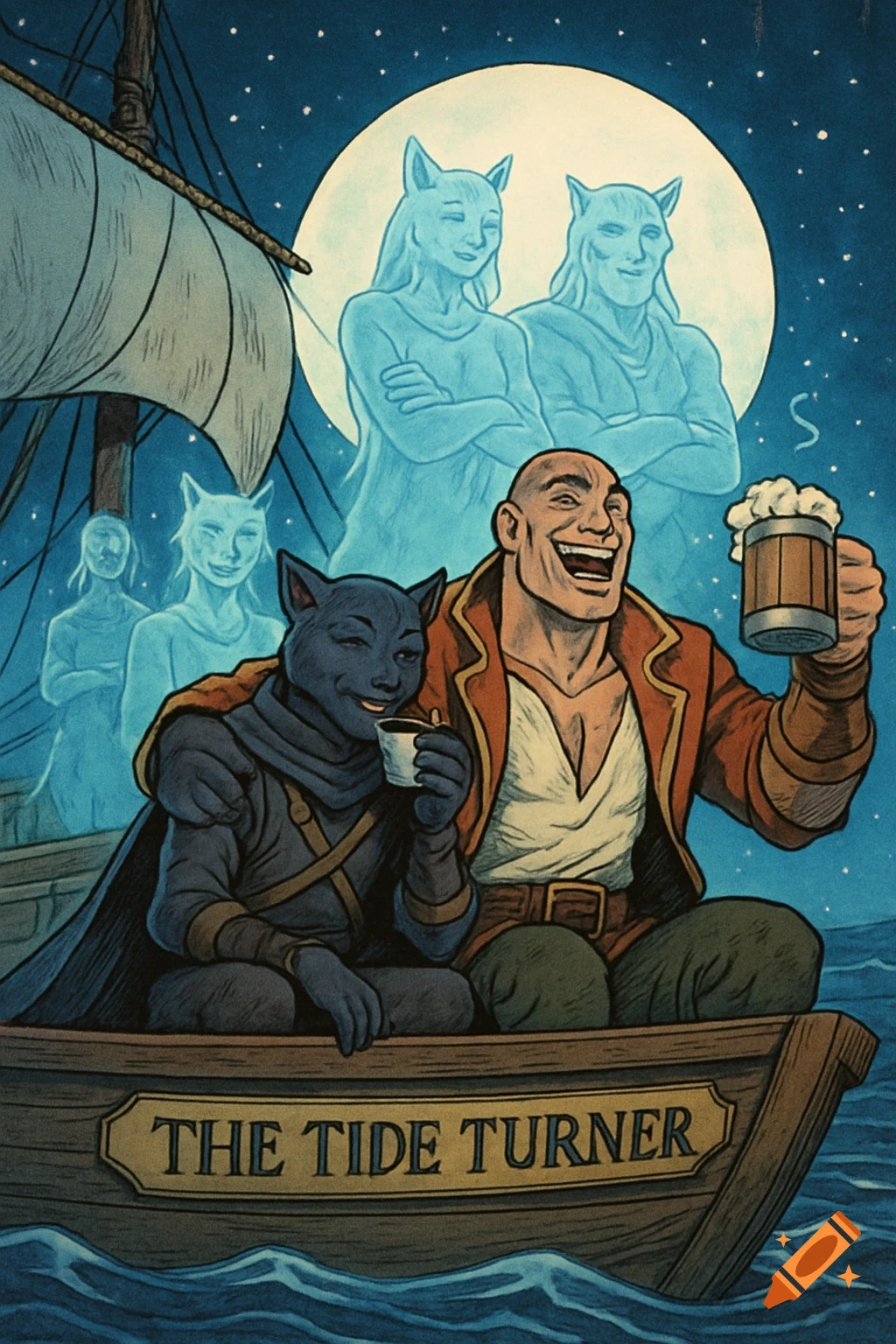 A comic-book illustration of a black tabaxi and a bald Goliath on a boat named 'The Tide Turner ...