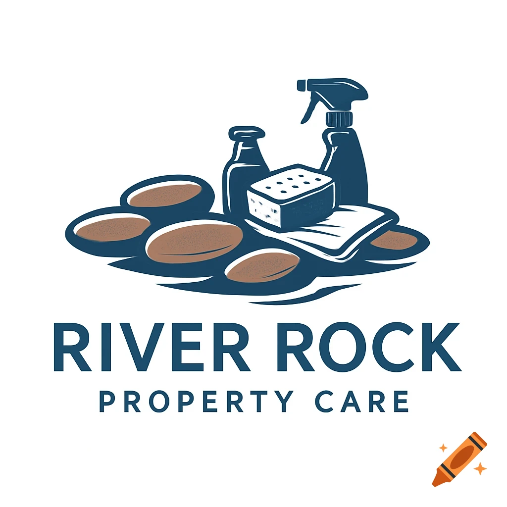Logo for River Rock Property Care featuring cleaning supplies, a spray ...