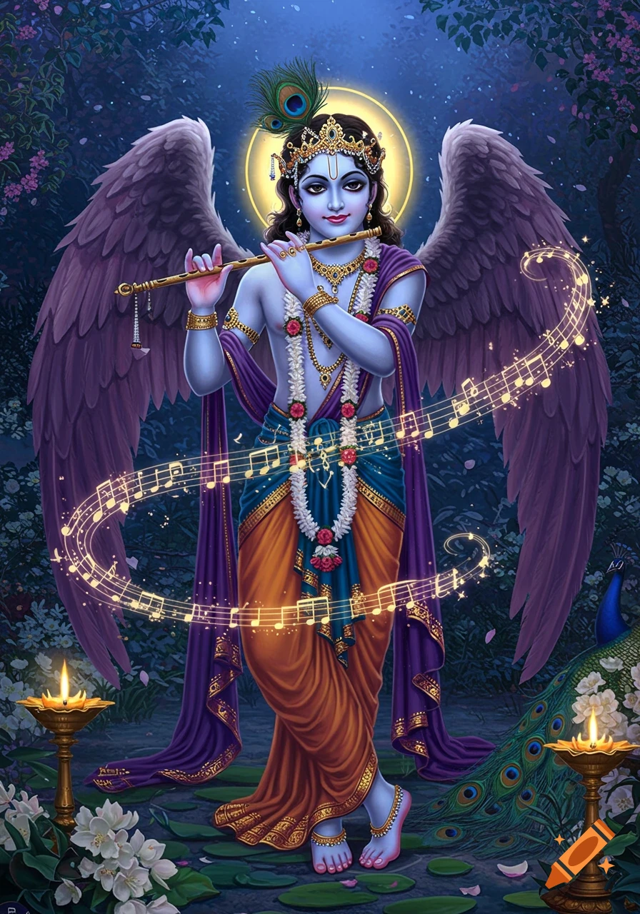 Lord Krishna playing flute with Radha on a swing adorned with peacock ...