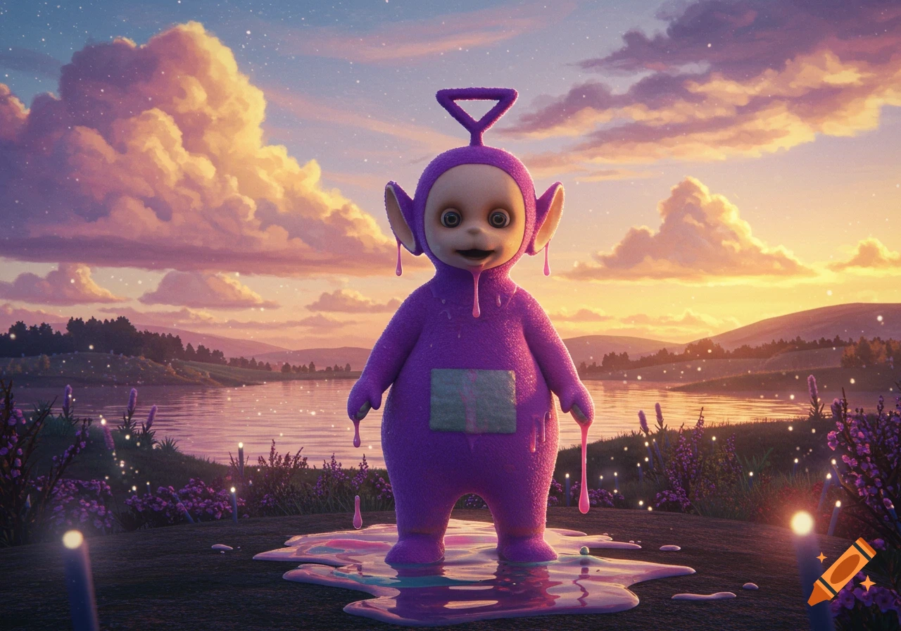 Teletubbies driving a fancy car near the beach on Craiyon