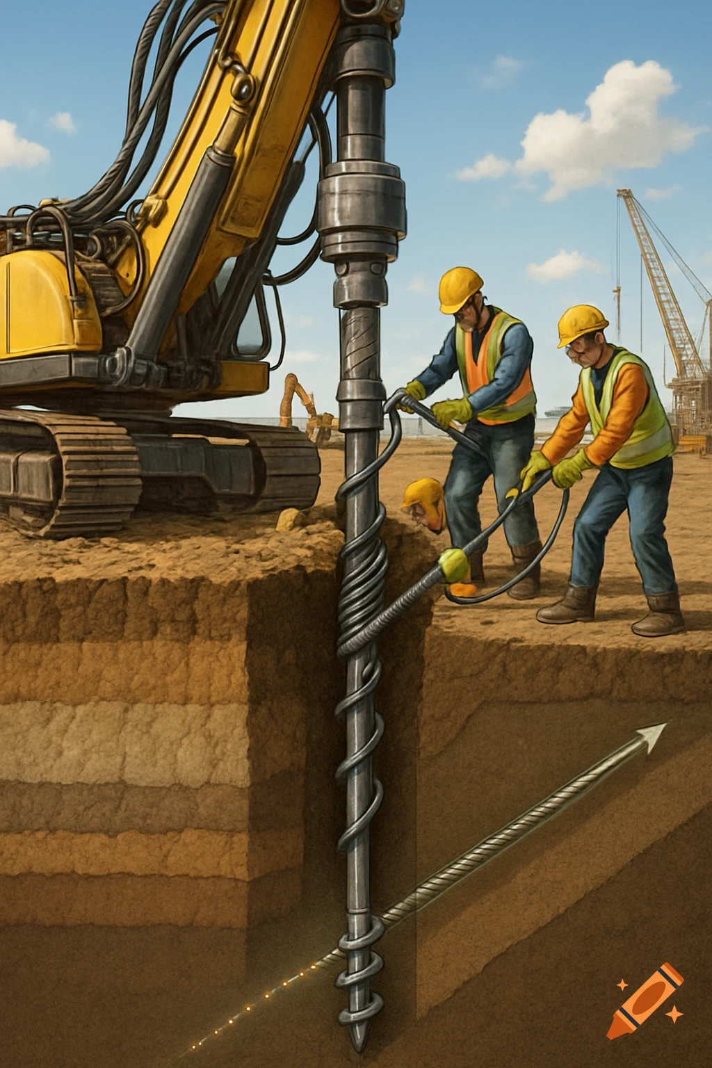 Two construction workers operate a drilling rig installing a ground ...